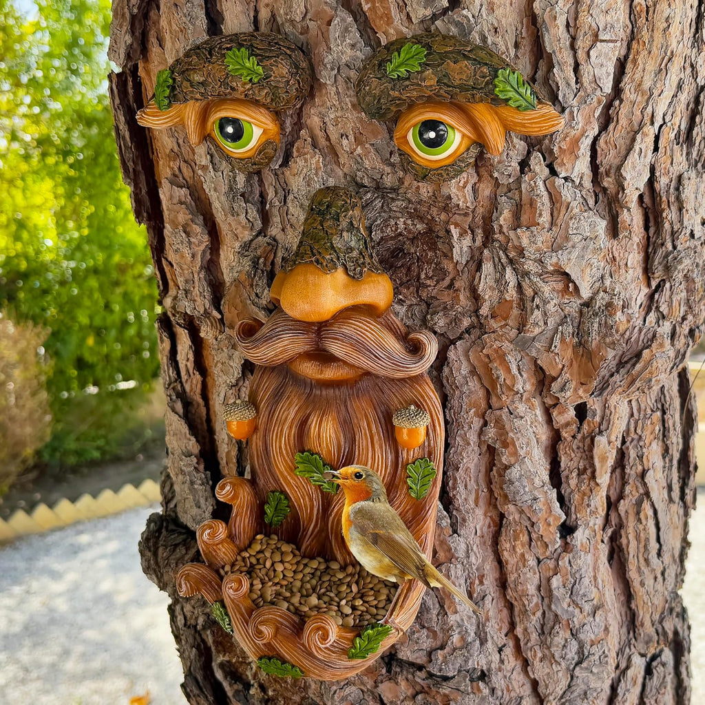 Tree Face Decor - Outdoor Bird Feeder with Acorns - Old Man Tree Face ...
